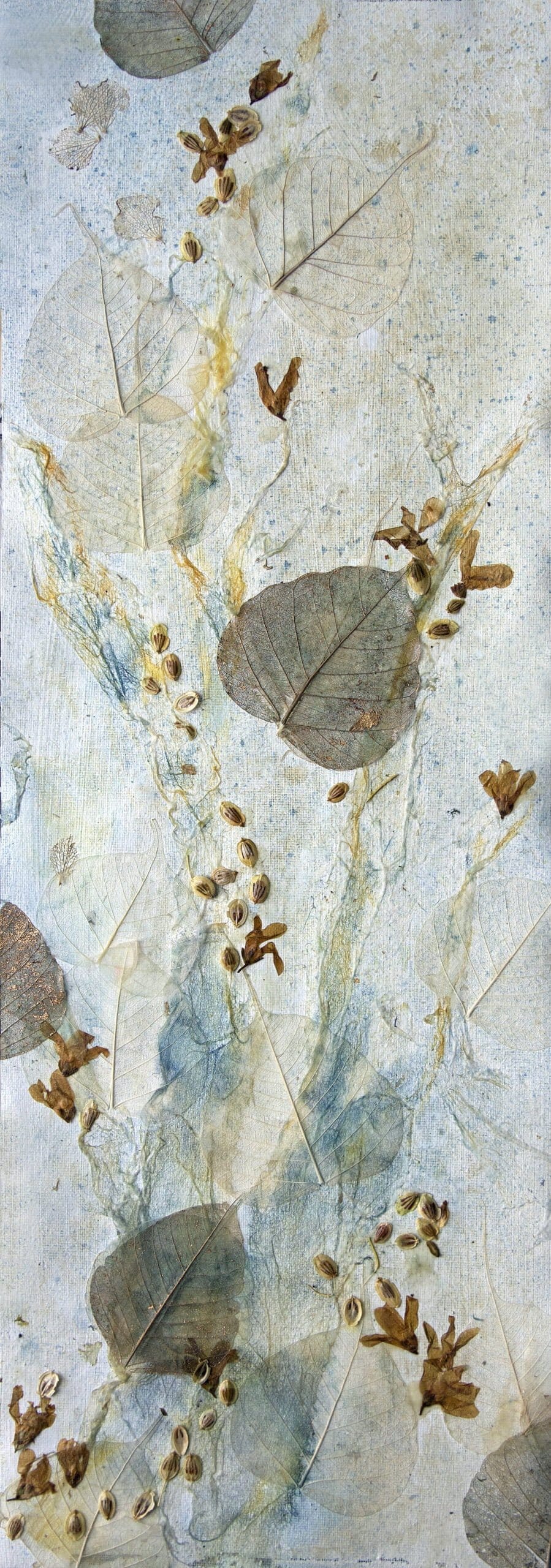 A mixed media collage of paper, inks, acrylics and natural elements